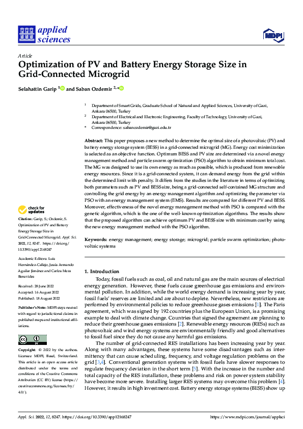 Pdf Optimization Of Pv And Battery Energy Storage Size In Grid