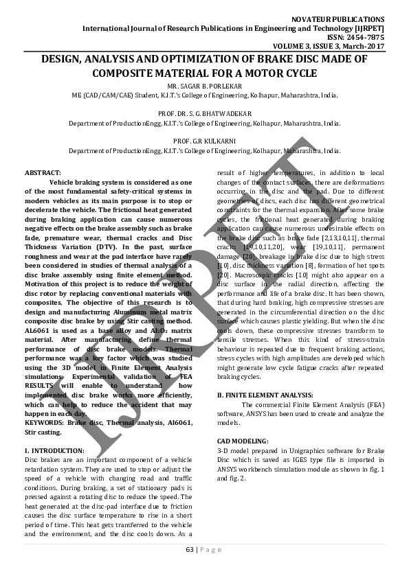 (PDF) Design, Analysis And Optimization Of Brake Disc Made Of Composite Material For A Motor Cycle