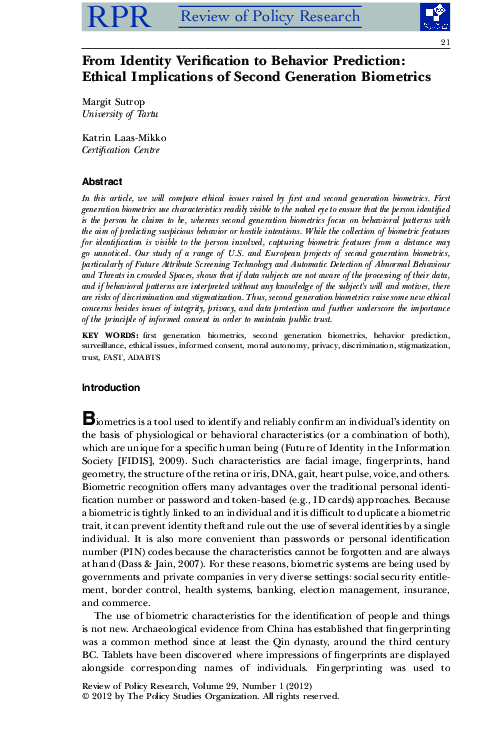 (PDF) Ethical Issues in Second Generation Biometrics