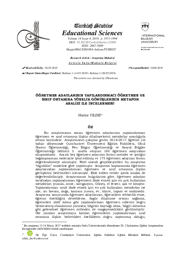 (PDF) Öğretmen Adaylarinin Yapilandirmaci Öğretmen Ve Sinif Ortamina Yöneli̇k Görüşleri̇ni̇n ...