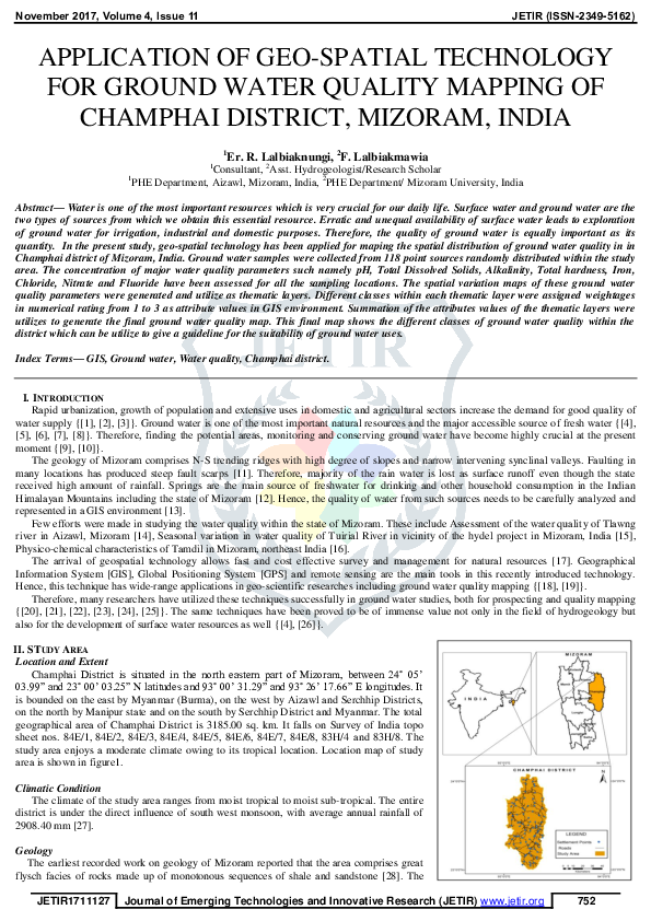 Pdf Application Of Geo Spatial Technology For Ground Water Quality Mapping Of Champhai