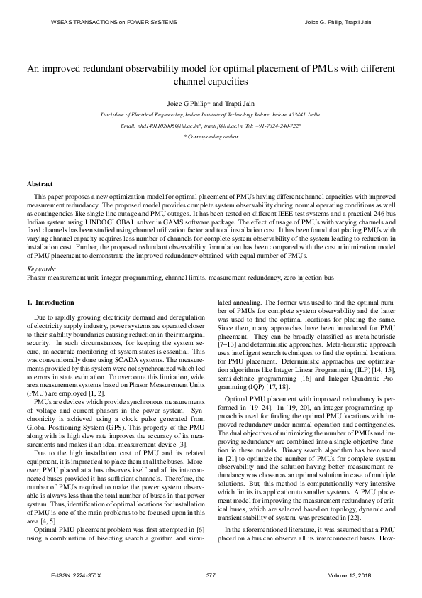 (PDF) An Improved Redundant Observability Model for Optimal Placement of PMUs with Different ...