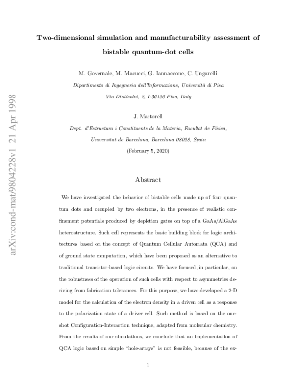 (PDF) Two-dimensional simulation and manufacturability assessment of bistable quantum-dot cells