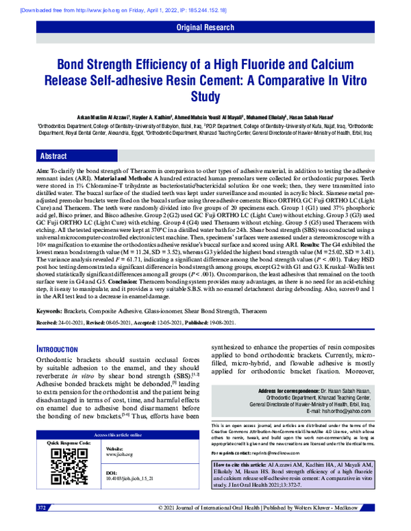 (PDF) Bond Strength Efficiency of a High Fluoride and Calcium Release ...