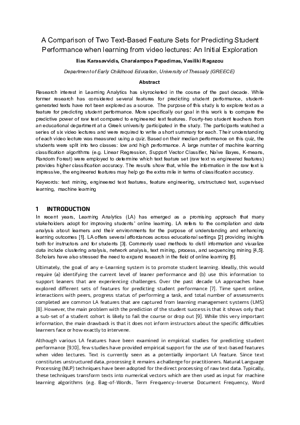 (PDF) Α Comparison of Two Text-Based Feature Sets for Predicting Student Performance: Α Initial ...