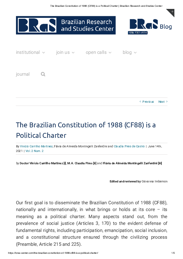 (PDF) The Brazilian Constitution of 1988 (CF88) is a Political Charter