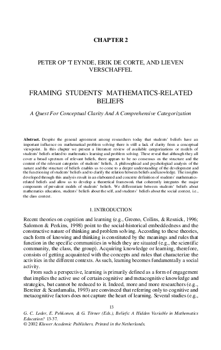 (PDF) Framing Students’ Mathematics-Related Beliefs