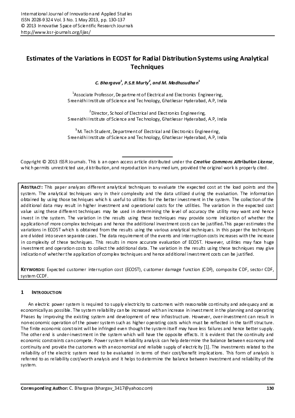 (PDF) Estimates of the Variations in ECOST for Radial Distribution ...