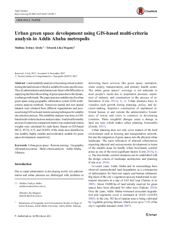 (PDF) Urban green space development using GIS-based multi-criteria analysis in Addis Ababa ...