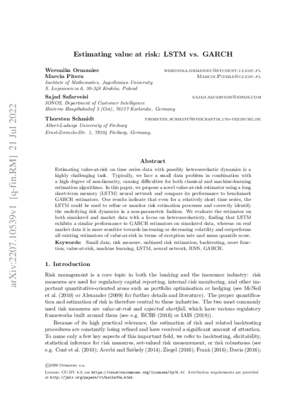 Pdf Estimating Value At Risk Lstm Vs Garch