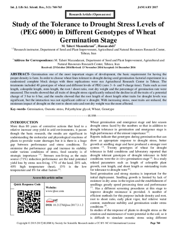 (PDF) Study of the Tolerance to Drought Stress Levels of (PEG 6000) in ...