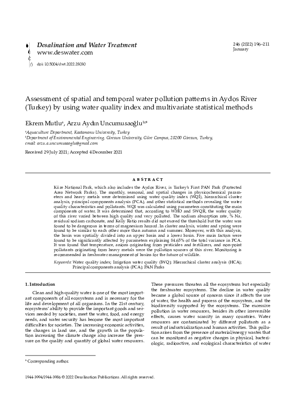 (PDF) Assessment of spatial and temporal water pollution patterns in Aydos River (Turkey) by ...