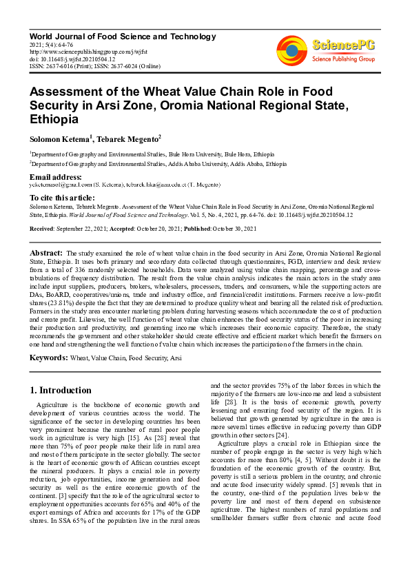 (PDF) Assessment of the Wheat Value Chain Role in Food Security in Arsi ...