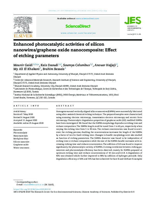 (PDF) Enhanced photocatalytic activities of silicon nanowires/graphene oxide nanocomposite ...