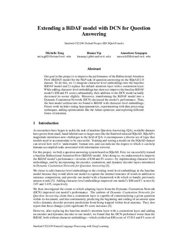 (PDF) Enhancing BiDAF with DCN for QA Improvement