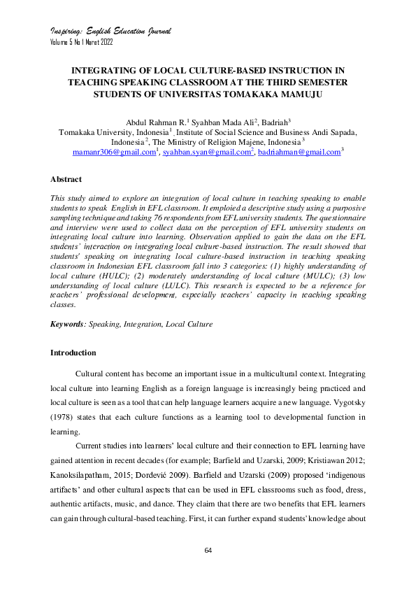 (PDF) Integrating of Local Culture-Based Instruction in Teaching ...