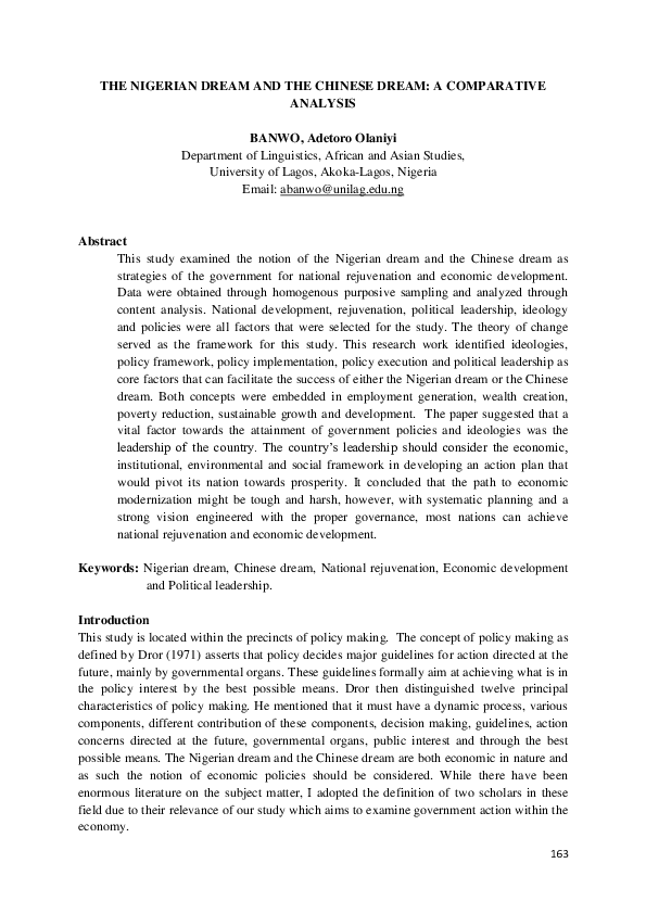 (PDF) The Nigerian Dream and the Chinese Dream: A Comparative Analysis | Adetoro O Banwo ...