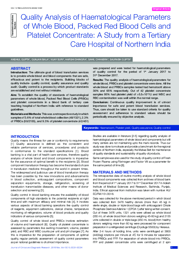 (PDF) Quality Analysis of Haematological Parameters of Whole Blood ...