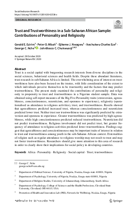 (PDF) Trust and Trustworthiness in a Sub-Saharan African Sample ...