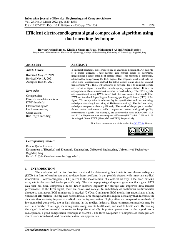 Pdf Efficient Electrocardiogram Signal Compression Algorithm Using Dual Encoding Technique