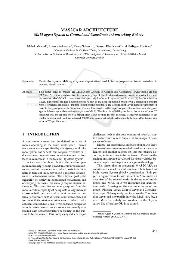 Pdf Mas2car Architecture Multi Agent System To Control And Coordinate Teamworking Robots