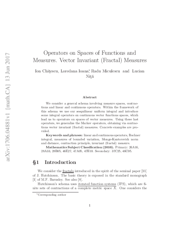 (PDF) Operators on Spaces of Functions and Measures. Vector Invariant (Fractal) Measures