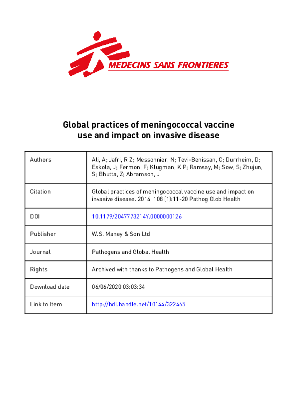 Pdf Global Practices Of Meningococcal Vaccine Use And Impact On