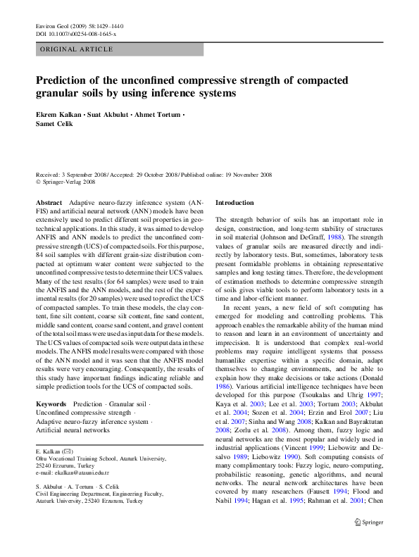 (PDF) Prediction of the unconfined compressive strength of compacted granular soils by using ...
