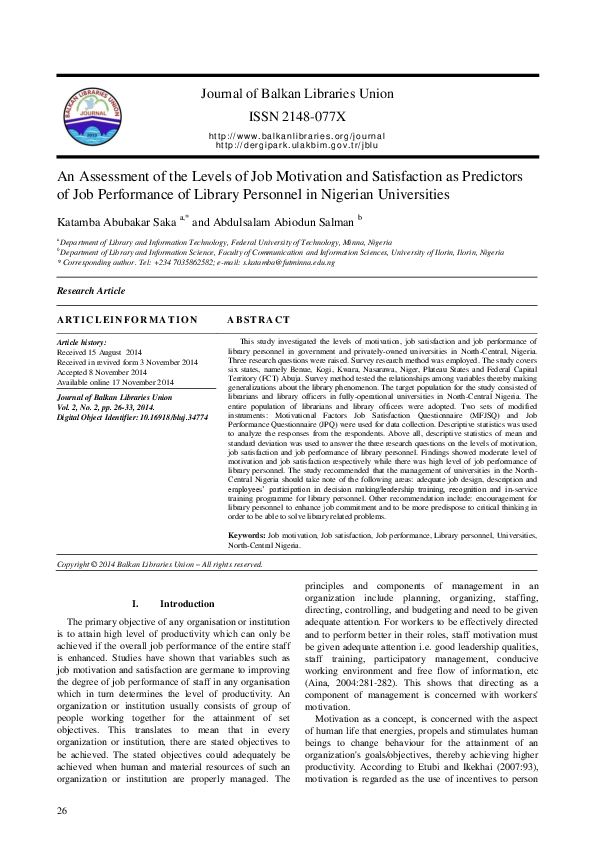 (PDF) An Assessment of the Levels of Job Motivation and Satisfaction as ...