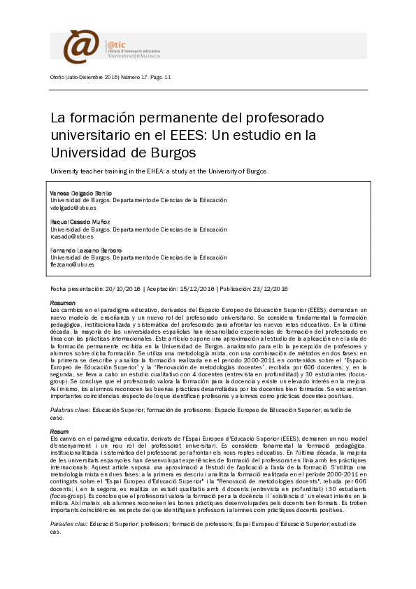 (PDF) University teacher training in the EHEA: a study at the University of Burgos | Vanesa ...