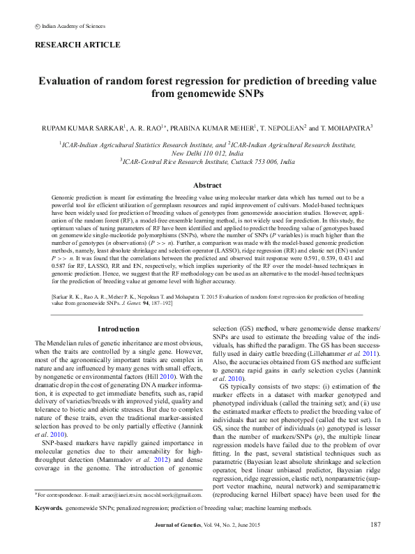 (PDF) Evaluation of random forest regression for prediction of breeding value from genomewide SNPs