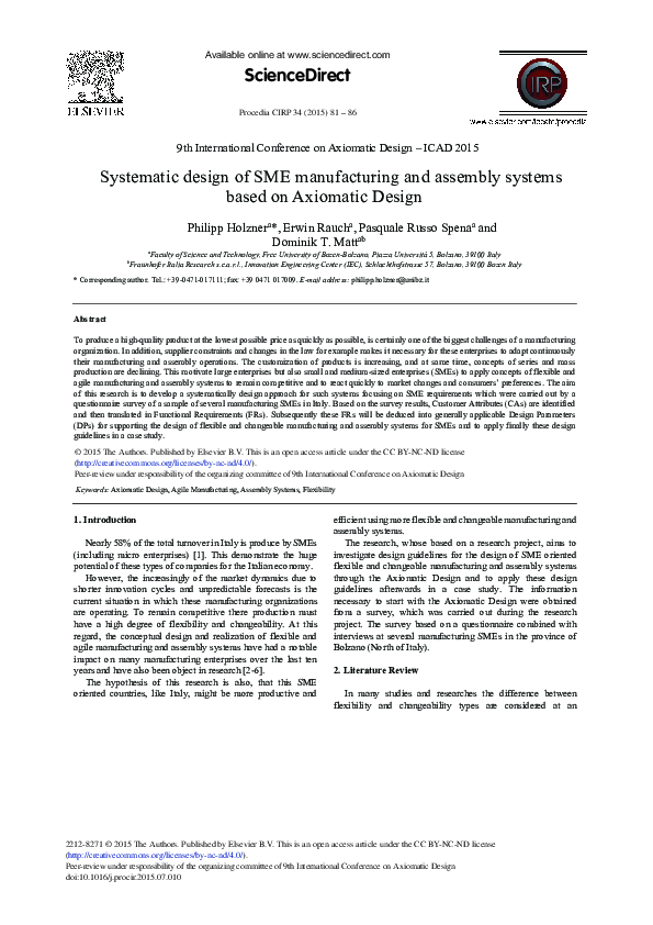 (PDF) Systematic Design of SME Manufacturing and Assembly Systems Based on Axiomatic Design