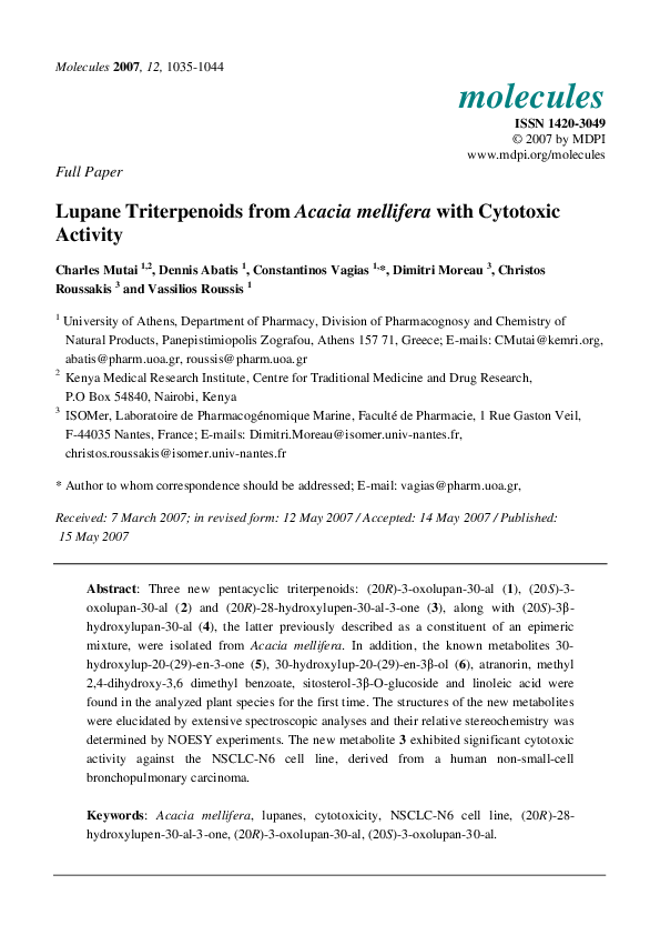 (PDF) Lupane Triterpenoids from Acacia mellifera with Cytotoxic ...