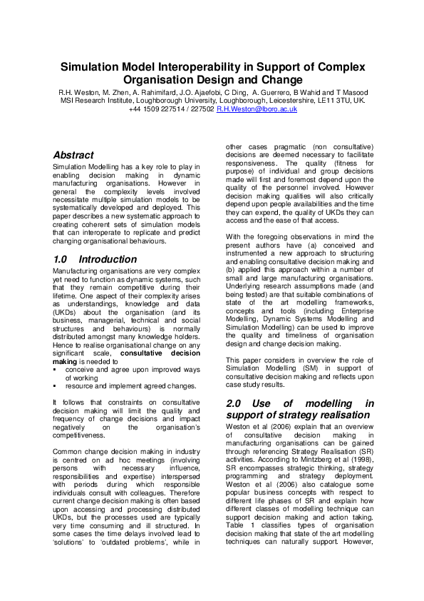 (PDF) Simulation model interoperability in support of complex organisation design and change ...