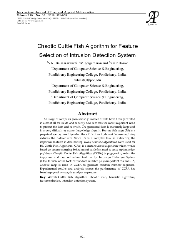 (PDF) Chaotic Cuttle Fish Algorithm for Feature Selection of Intrusion ... (PDF) Chaotic Cuttle Fish Algorithm for Feature Selection of Intrusion ...
