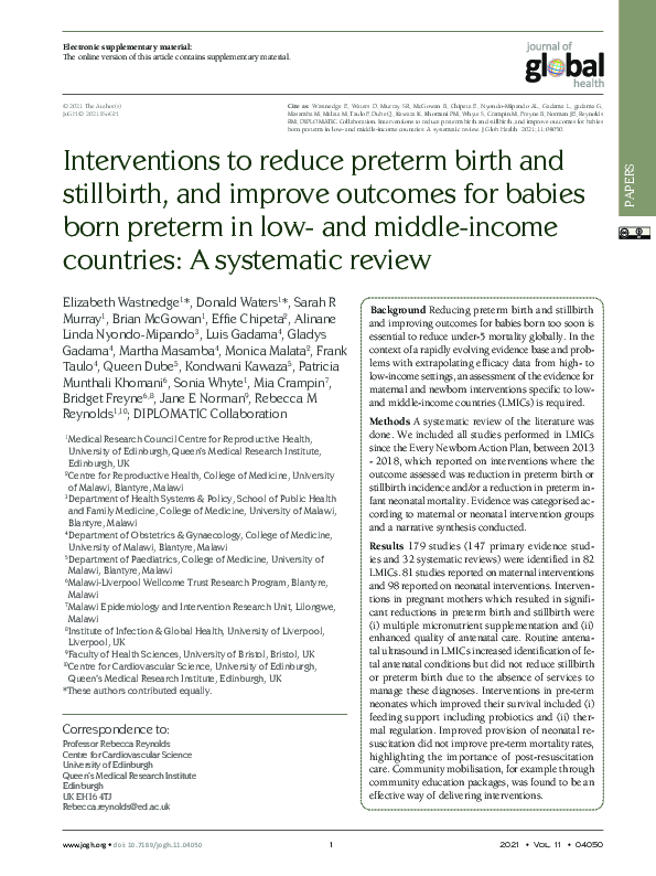(PDF) Interventions to reduce preterm birth and stillbirth, and improve ...