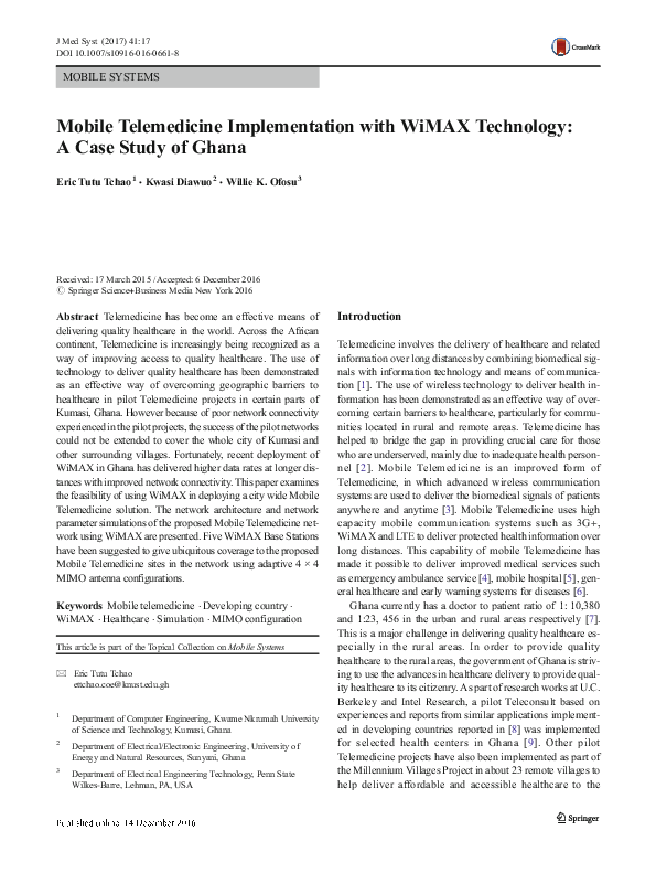 (PDF) WiMAX-Enabled Mobile Telemedicine in Ghana