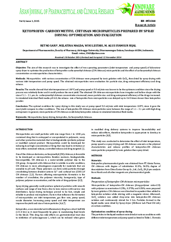 Pdf Ketoprofen Carboxymethyl Chitosan Microparticles Prepared By Spray Drying Optimization