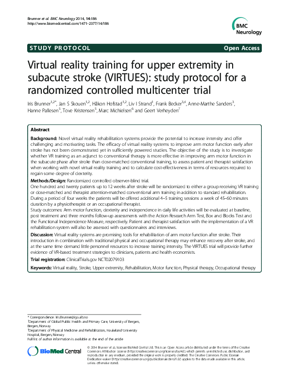(PDF) Virtual reality training for upper extremity in subacute stroke (VIRTUES): study protocol ...