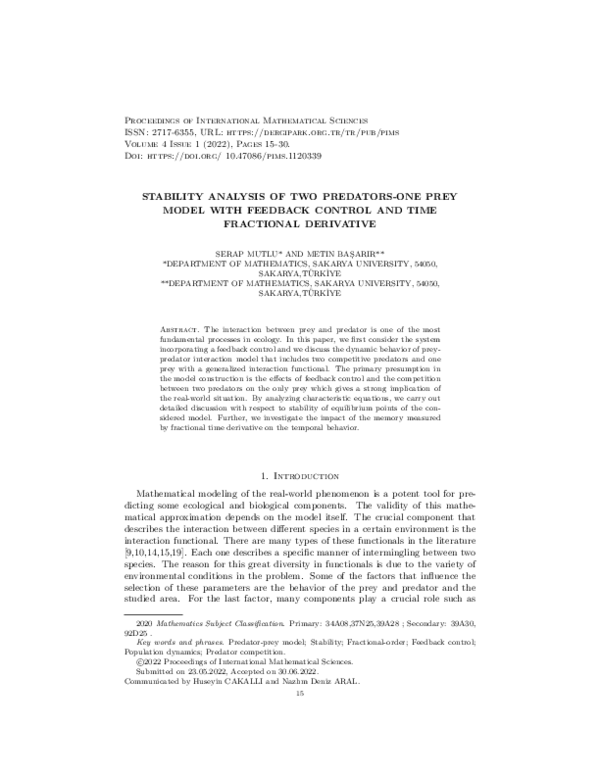 (PDF) Stability Analysis of Two Predators-One Prey Model with Feedback Control and Time ...