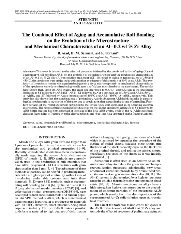 Pdf The Combined Effect Of Aging And Accumulative Roll Bonding On The Evolution Of The