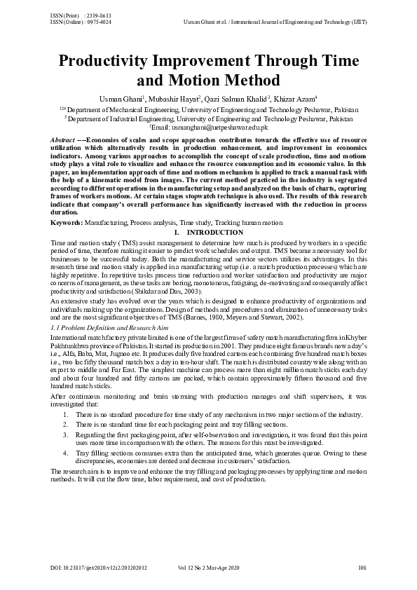 (PDF) Productivity Improvement Through Time and Motion Method