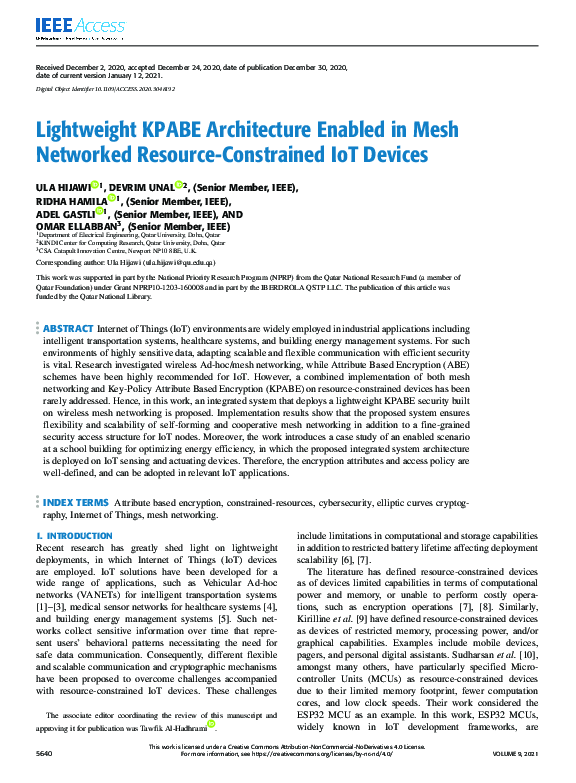 (PDF) Lightweight KPABE Architecture Enabled in Mesh Networked Resource-Constrained IoT Devices