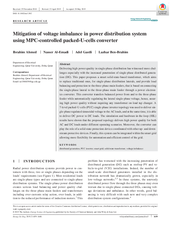 (PDF) Mitigation of voltage imbalance in power distribution system using MPC ‐controlled packed ...