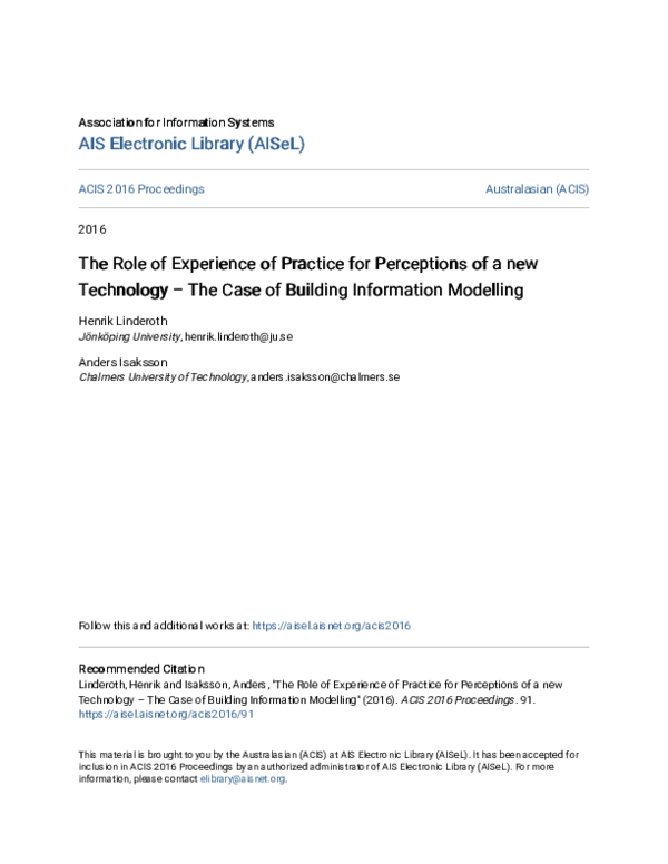 (PDF) The Role of Experience of Practice for Perceptions of a new Technology – The Case of ...