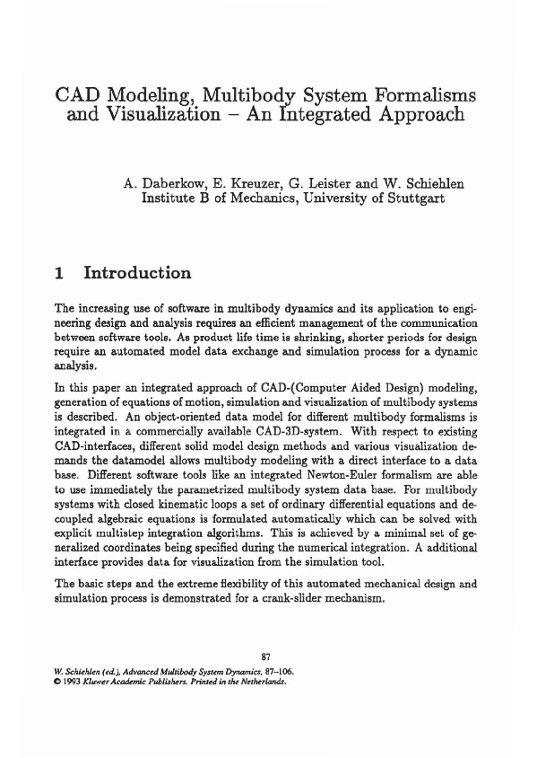 (PDF) CAD Modeling, Multibody System Formalisms and Visualization — An Integrated Approach