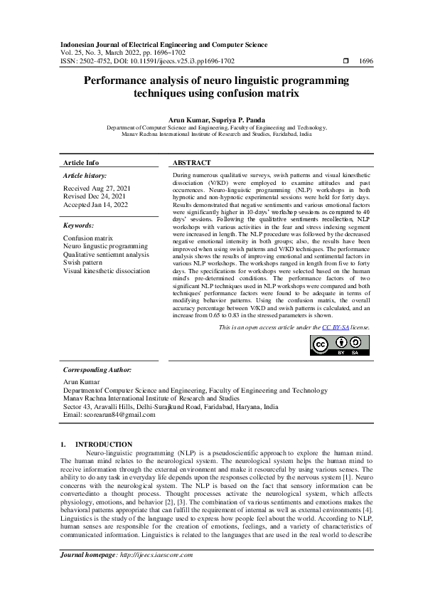 Pdf Performance Analysis Of Neuro Linguistic Programming Techniques Using Confusion Matrix