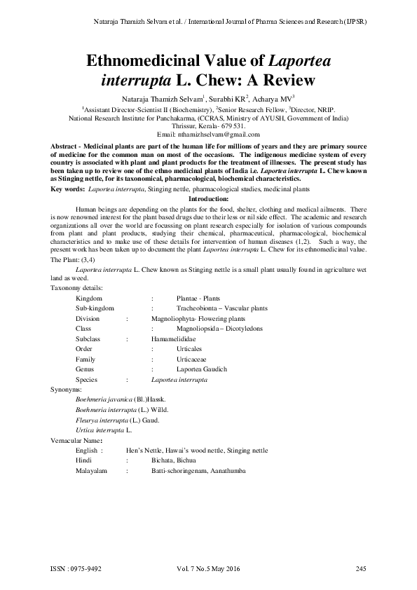 (PDF) Ethnomedicinal Value of Laportea interrupta L . Chew : A Review