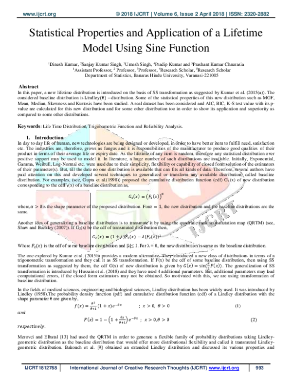 (PDF) Statistical Properties and Application of a Lifetime Model Using Sine Function