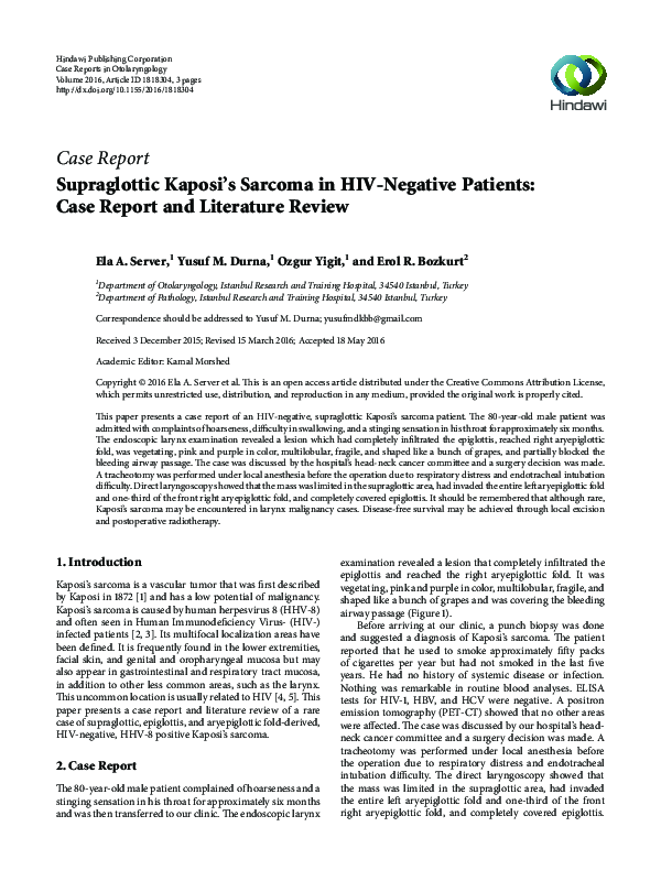 (PDF) Supraglottic Kaposi’s Sarcoma in HIV-Negative Patients: Case Report and Literature Review